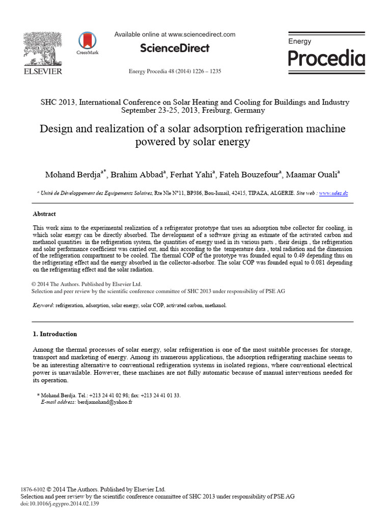 Design and Realization of A Solar Adsorption Refrigeration Machine ...
