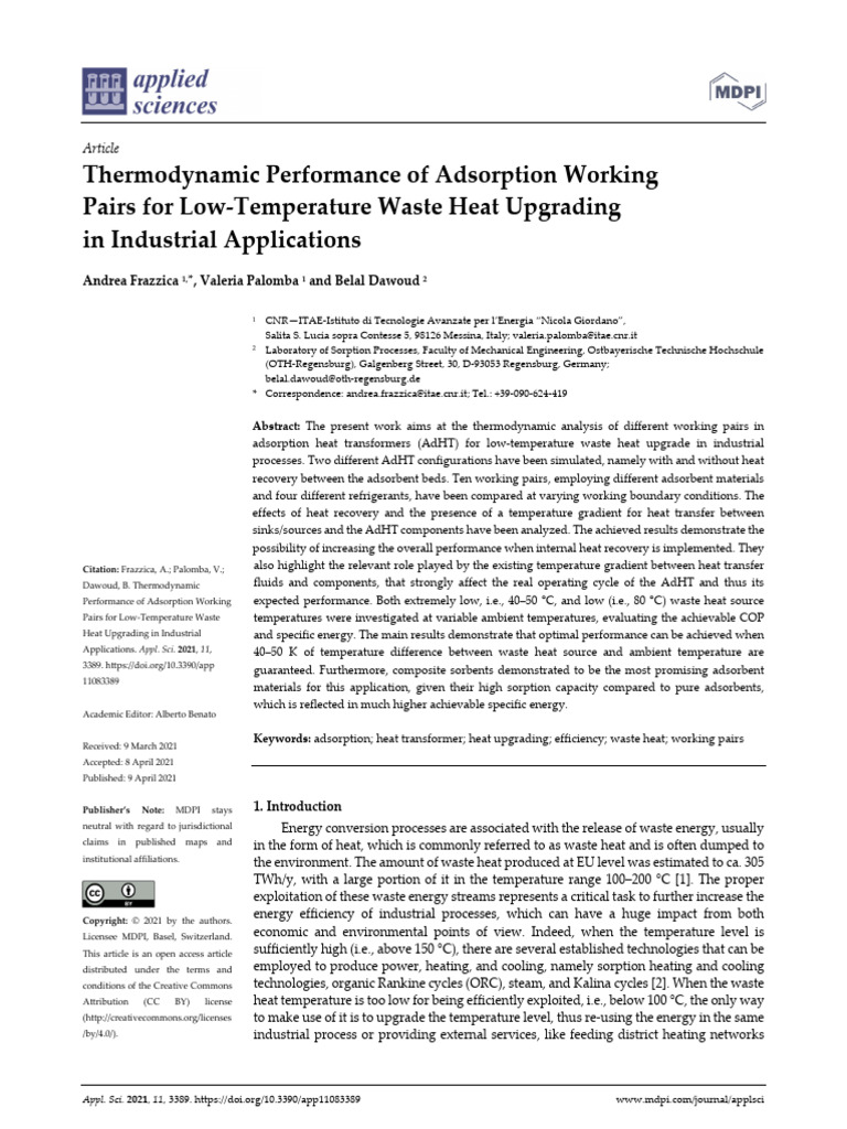 Thermodynamic Performance of Adsorption Working Pa | PDF | Adsorption | Heat