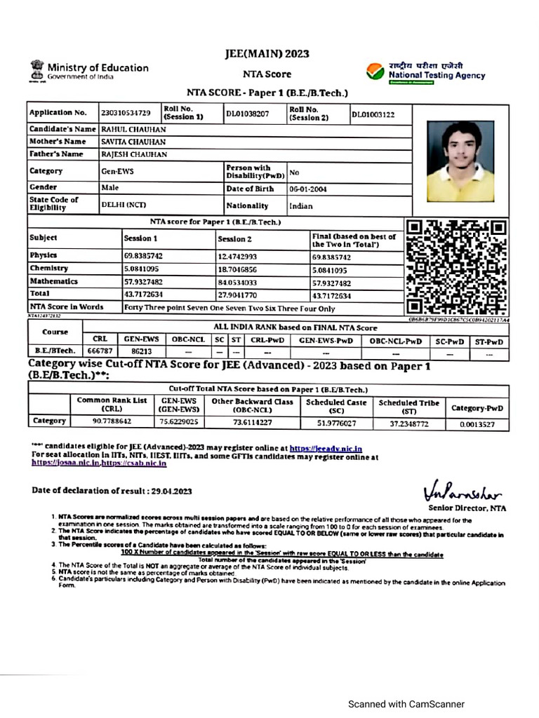 Jee Main Score Card | PDF