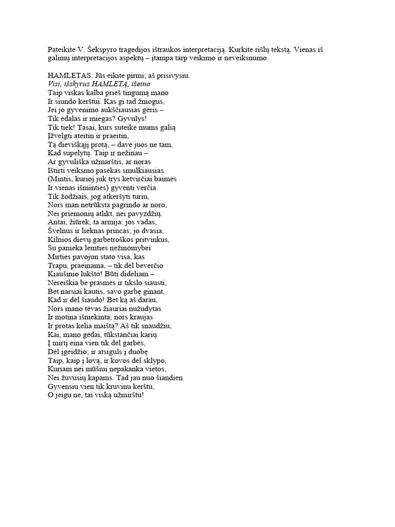 Hamletas. Interpretacijos Uzduotis | PDF
