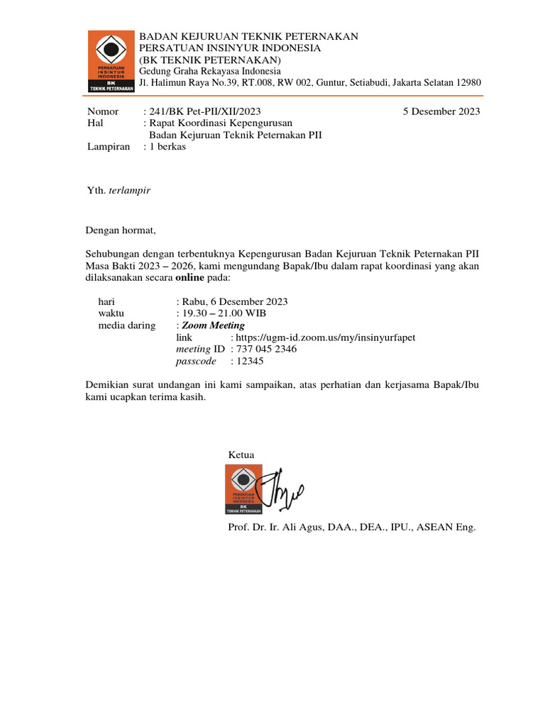241 2023 - Surat Undangan Rapat Koordinasi Kepengurusan BKT Peternakan PII - 6 Des 2023 | PDF