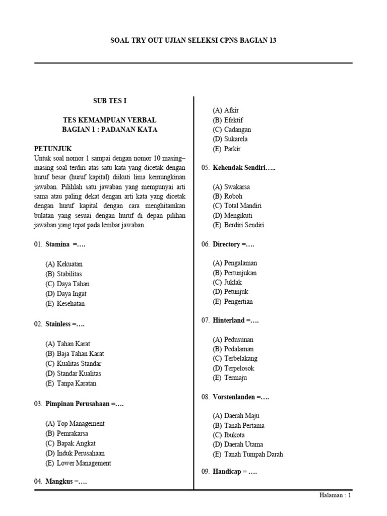 Soal Try Out Ujian Cpns Bagian 13 | PDF
