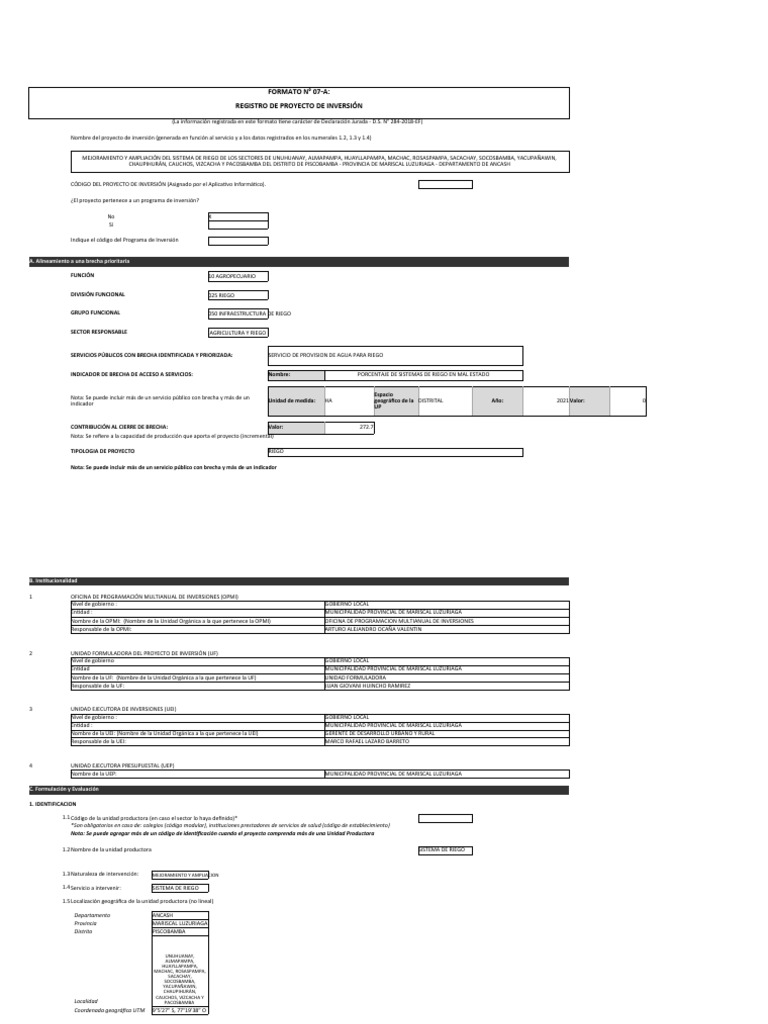 Formato N° 07-A: Registro de Inversión | PDF | Hormigón | Riego