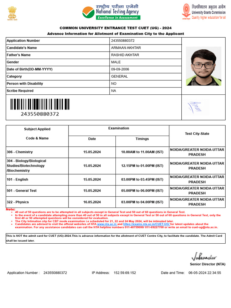 CUET-UG - 2024 Admit Card | PDF