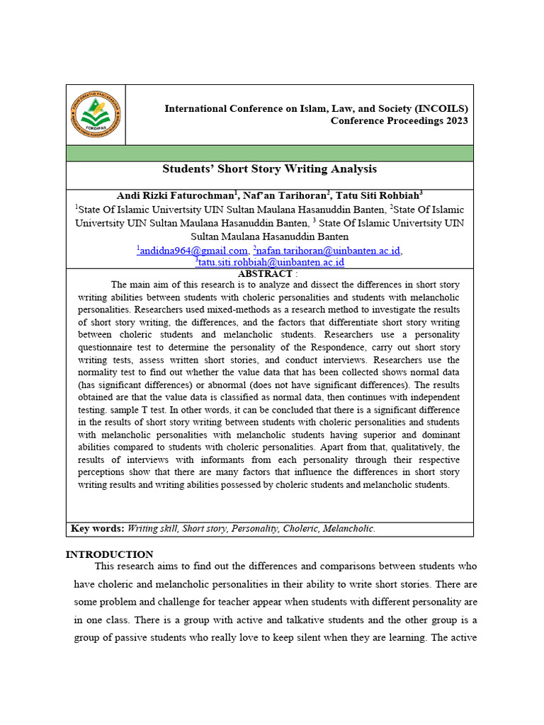 Students' Short Story Writing Analysis | PDF | Extraversion And ...