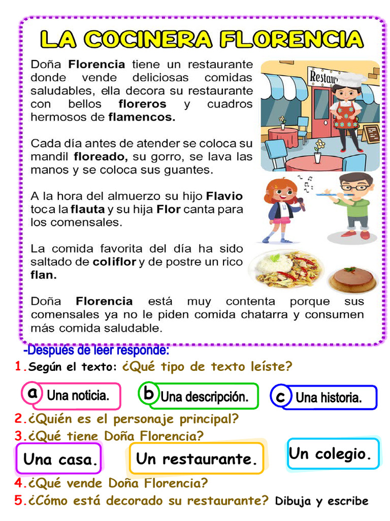 Ficha 7 Leemos Juntos La Cocinera Florencia Maestra Janet | PDF | Artes ...