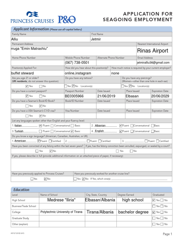 PCL Application For Seagoing Employment - 0415 | PDF
