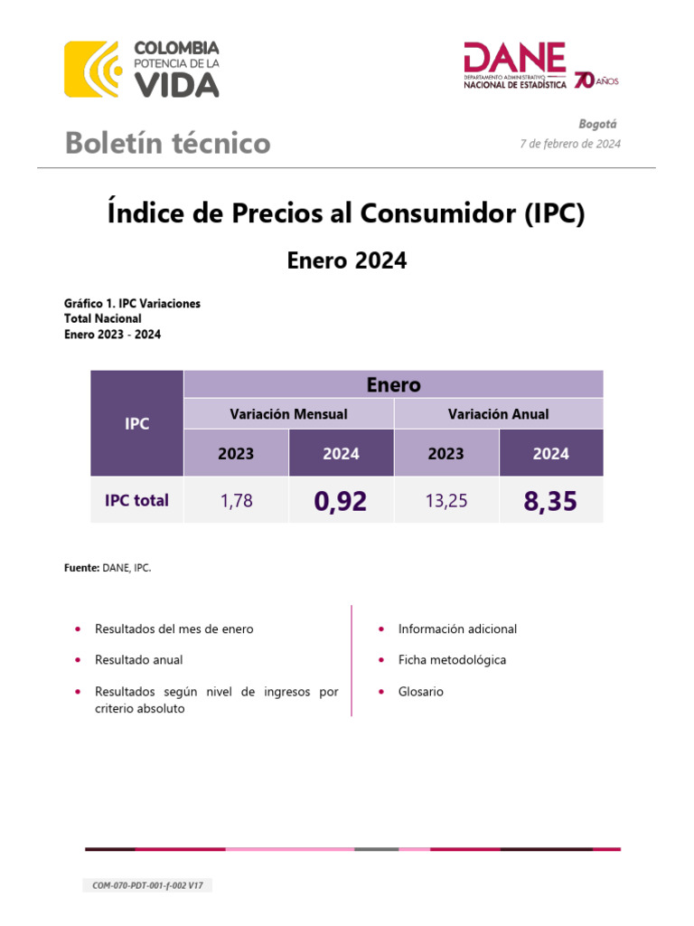 IPC Colombia Enero 2024: Análisis Detallado | PDF | Índice de precios ...