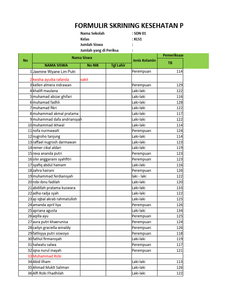 Form Skrining Lapangan Sdn 01 Jembatan Lima Petugas 2023-2024 | PDF