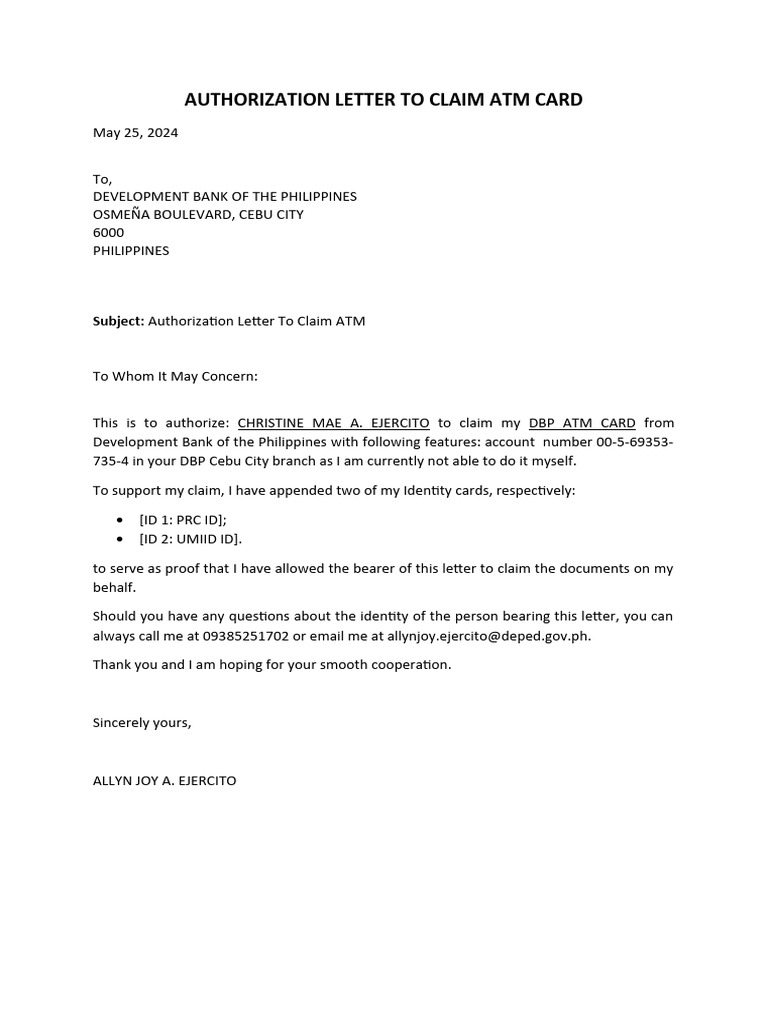 Authorization Letter To Claim Atm Card | PDF