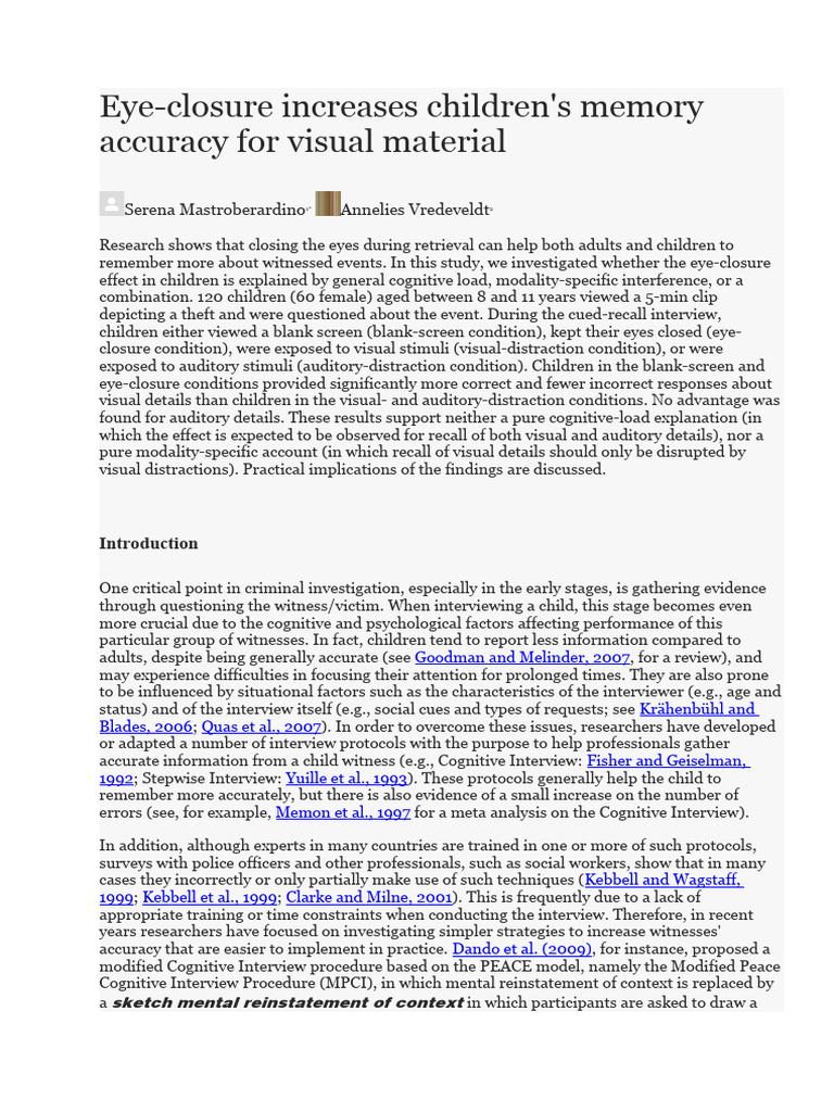 Eye-Closure Boosts Children's Memory Accuracy | PDF | Recall (Memory ...