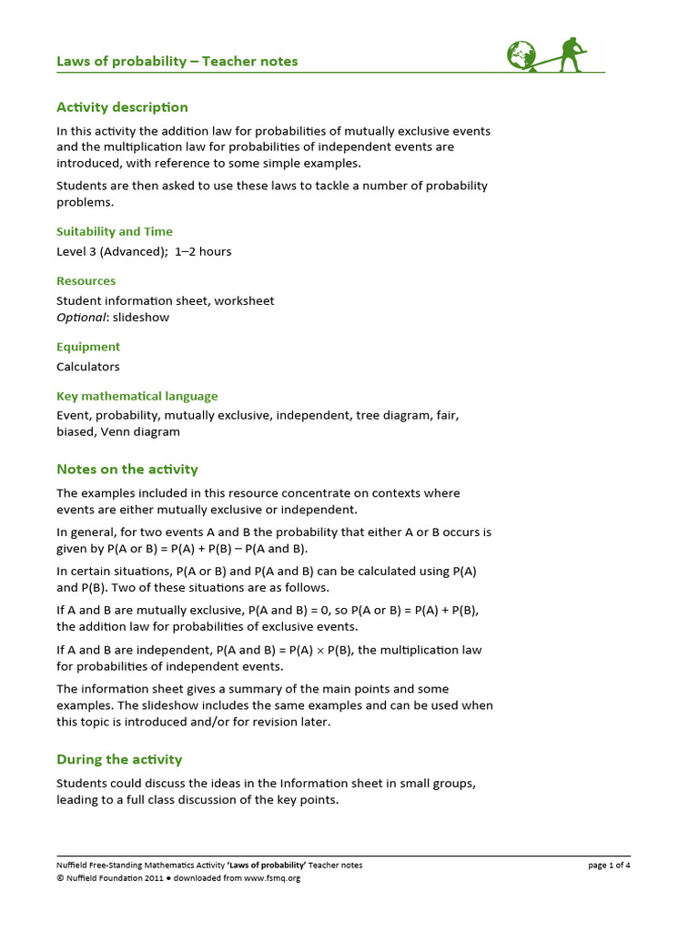 FSMA Laws of Probability Teacher | PDF | Probability | Probability Theory