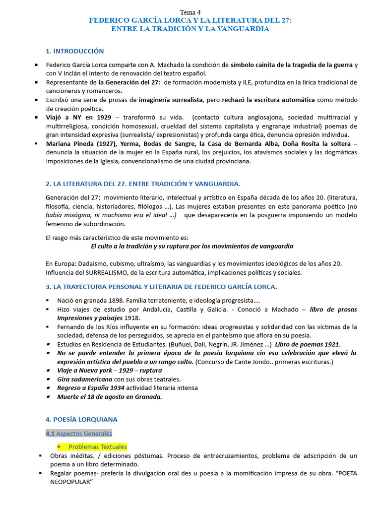 Tema 4 Garcia Lorca | Descargar gratis PDF | Federico García Lorca | Poesía
