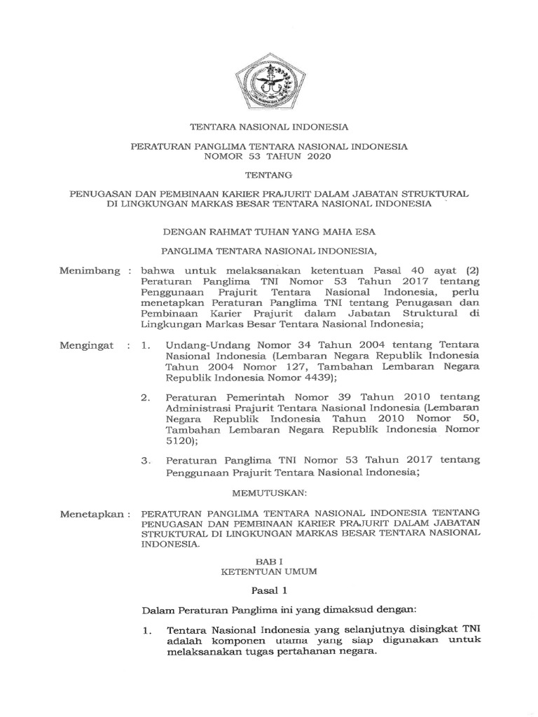 PERPANG TNI NOMOR 53 2020 JABATAN STRUKTURAL DALAM MABES TNI | PDF