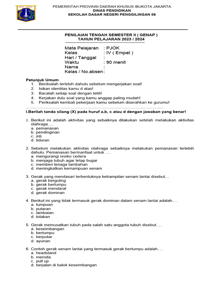 Soal Pts Pjok Kelas 4 Genap 2024 | PDF