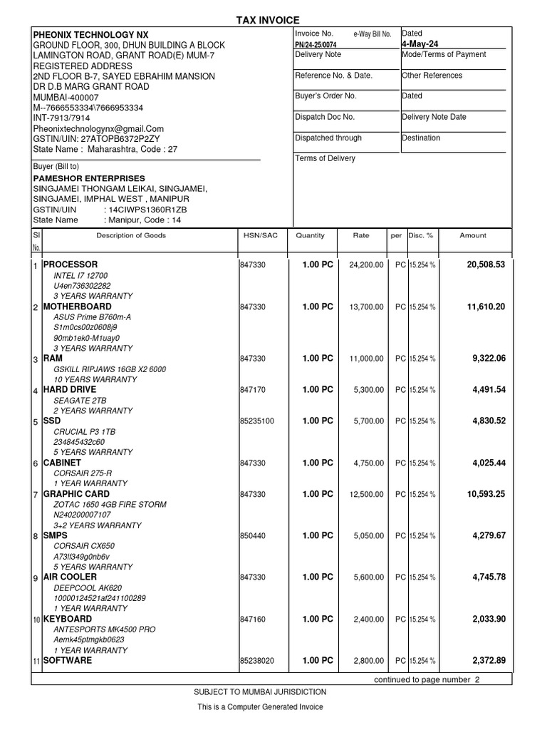 Pheonix Technology NX 4-May-24: Tax Invoice | PDF | Personal Computers | Computer Engineering