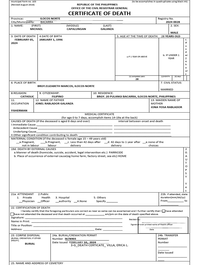 Death Certificate of Michael Galanza | PDF | Social Institutions