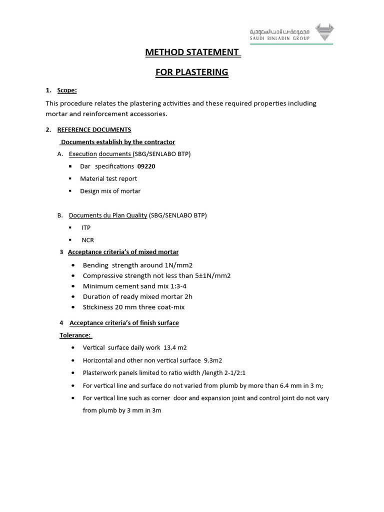 Plastering Method Statement Guide | PDF | Concrete | Mortar (Masonry)