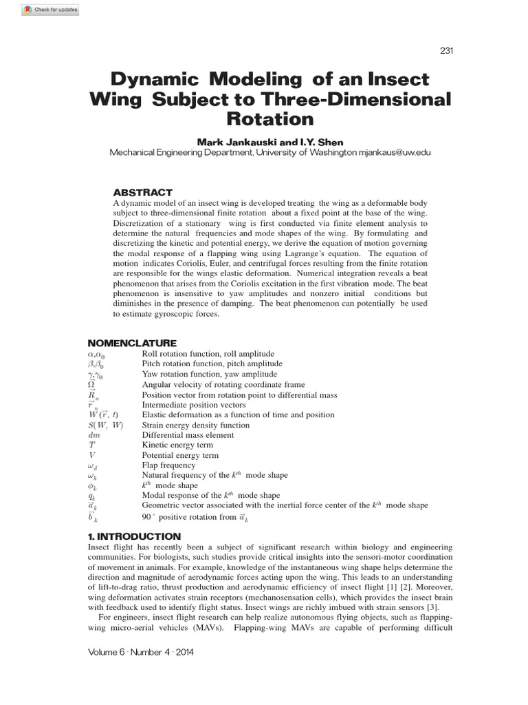 Jankauski Shen 2014 Dynamic Modeling of An Insect Wing Subject To Three Dimensional Rotation ...