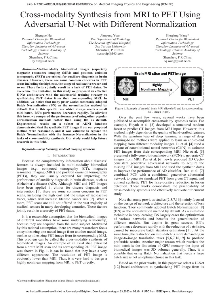 Cross-Modality Synthesis From MRI To PET Using Adversarial U-Net With ...