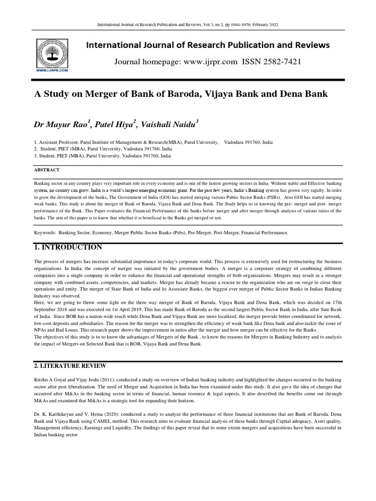 Ijrpr2754 A Study On Merger of Bank of Baroda Vijaya Bank and Dena Bank | PDF | Mergers And ...