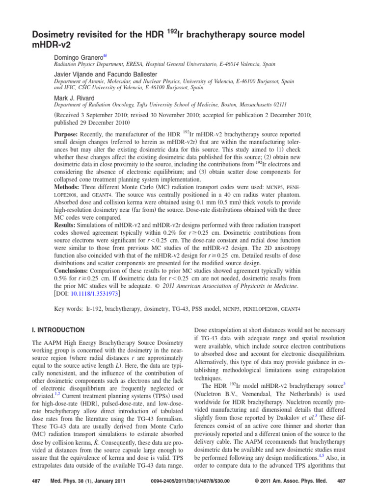 AAPM - Dosimetry Revisited For The HDR 192ir Brachytherapy Source Model mHDR-v2 | PDF ...