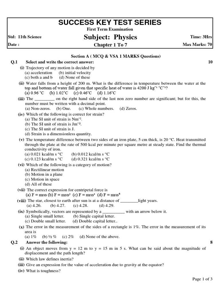 Class 11 Physics First Term Exam Paper | PDF | Force | Acceleration