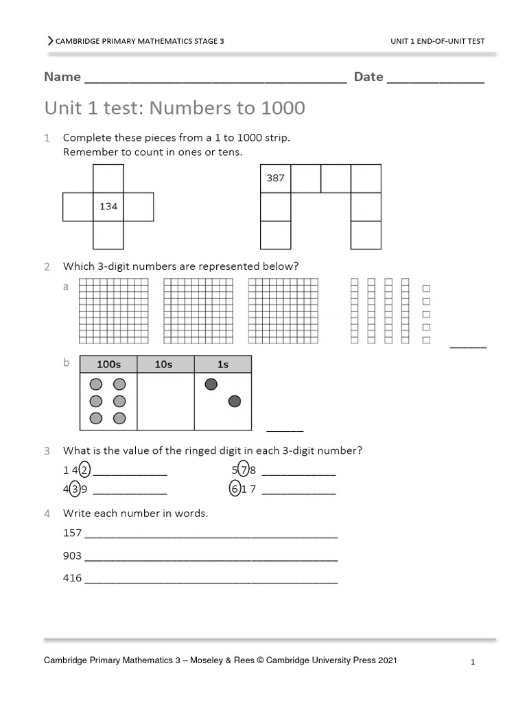 Prim Maths 3 2ed TR Unit 1 Test | PDF | Teaching Methods & Materials ...
