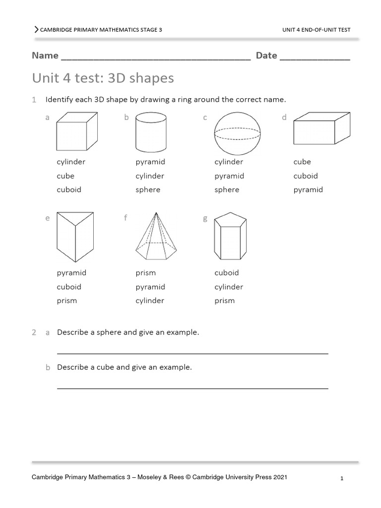 Grade 3 Maths Unit 4 Test: 3D Shapes | PDF | Shape | Geometric Objects