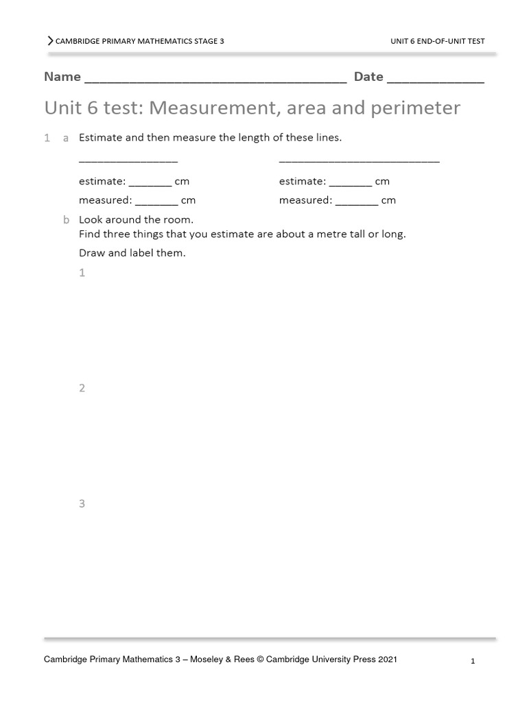 Prim Maths 3 2ed TR Unit 6 Test | PDF | Area | Shape