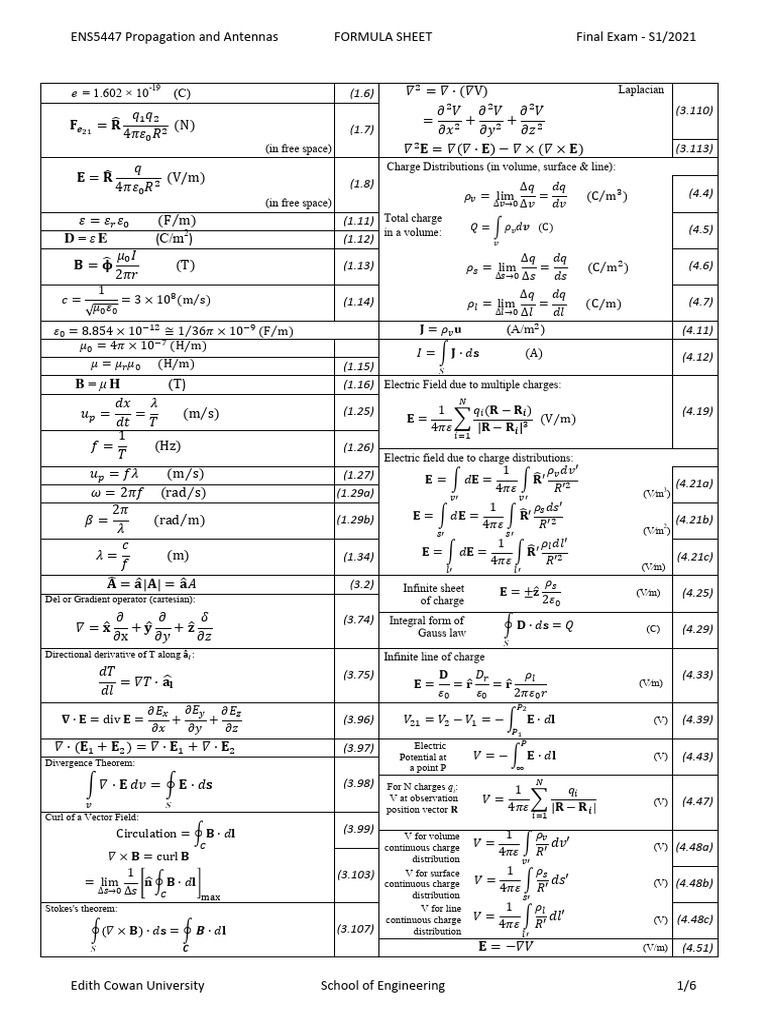 ENS5447 Formula Sheet Final Exam S1 - 2023 | PDF | Magnetic Field | Electricity