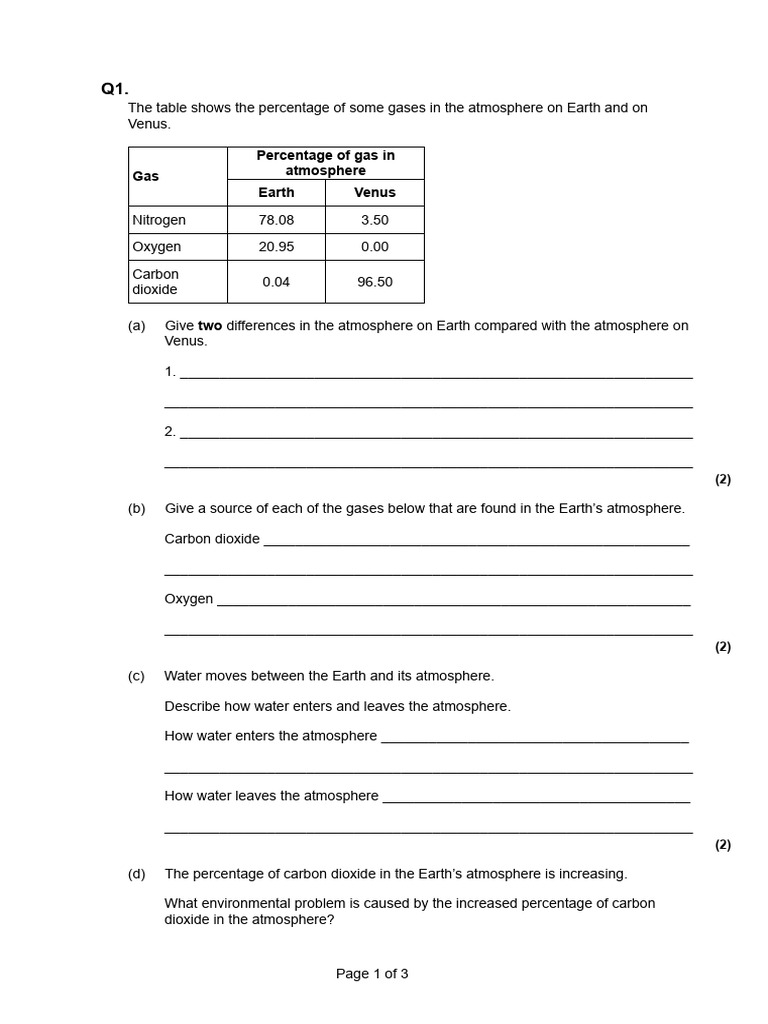 Comparing The Earth and Venus EXAM QUESTIONS MS | PDF | Soil | Atmosphere
