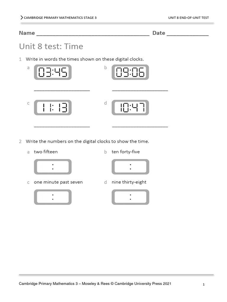 Stage 3 Maths Unit 8 Test: Time | PDF