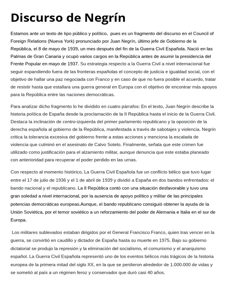 Discurso de Negrín en Nueva York | PDF | guerra civil Española ...