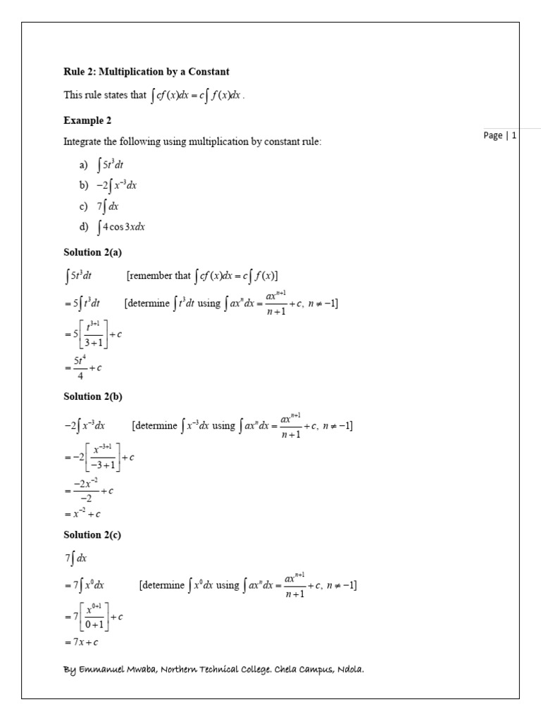Integral Calculus Multiplication By A Constant Rule Sum Rule