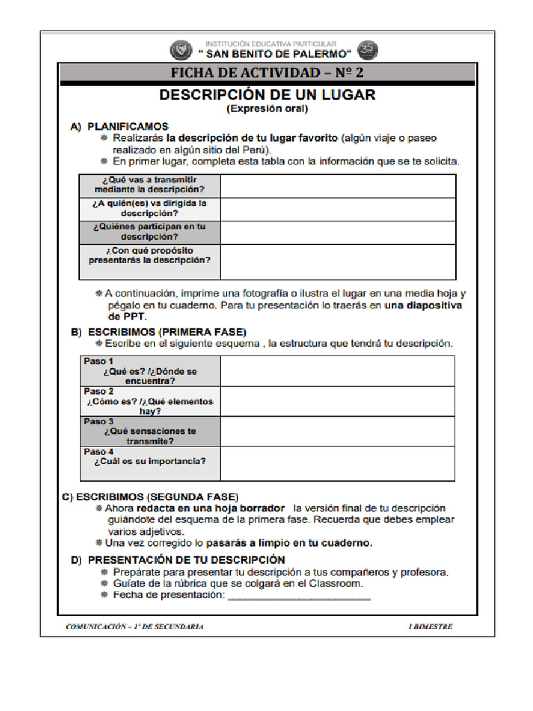 Ficha de Actividad #2-Descripcion de Un Lugar | PDF