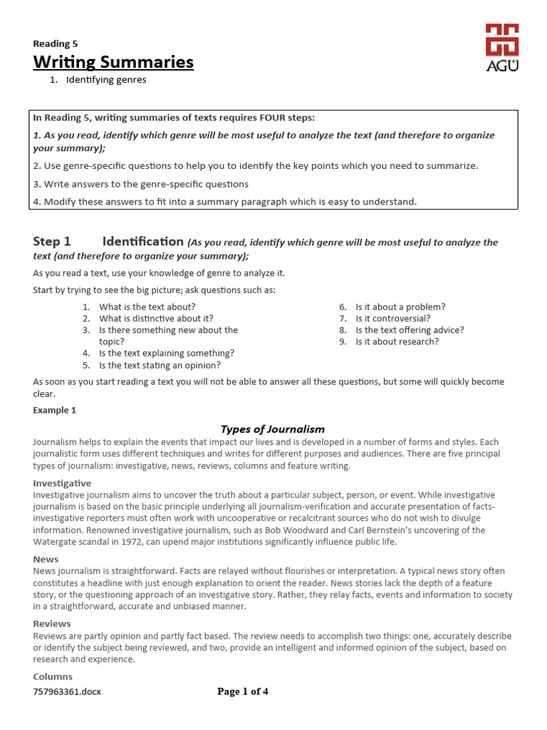 How To Write A Reading 5 Summary 1 - Identifying Genres | PDF ...