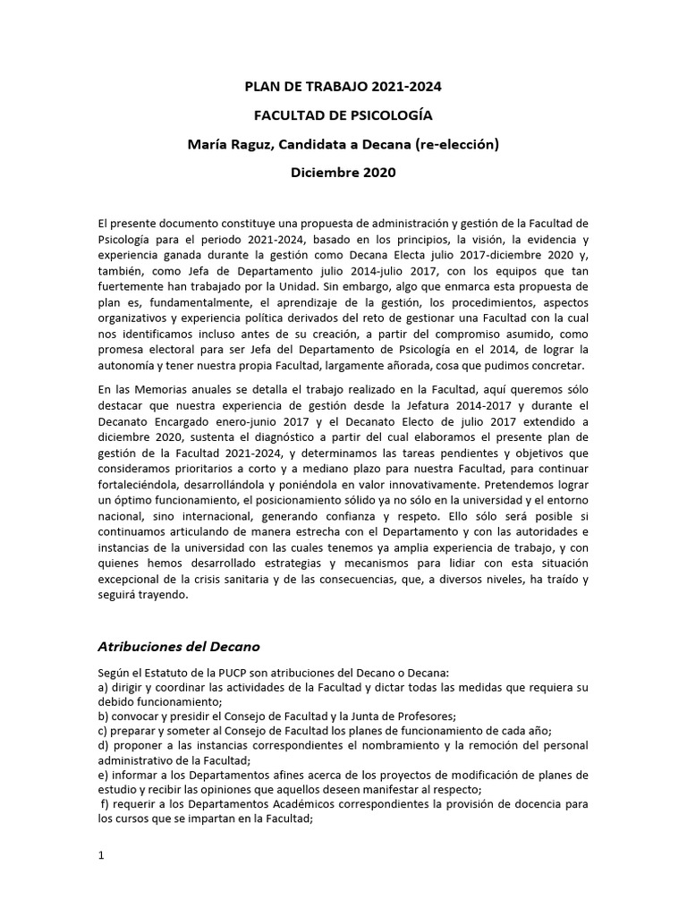 Plan de Trabajo 2021-2024 de María Raguz | PDF | Sicología | Plan de ...