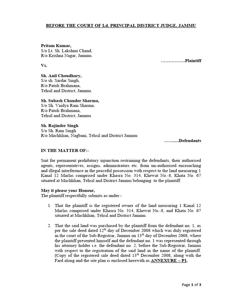 Civil Suit of SH Pritam Singh For Permanent Prohibitory Injunction ...