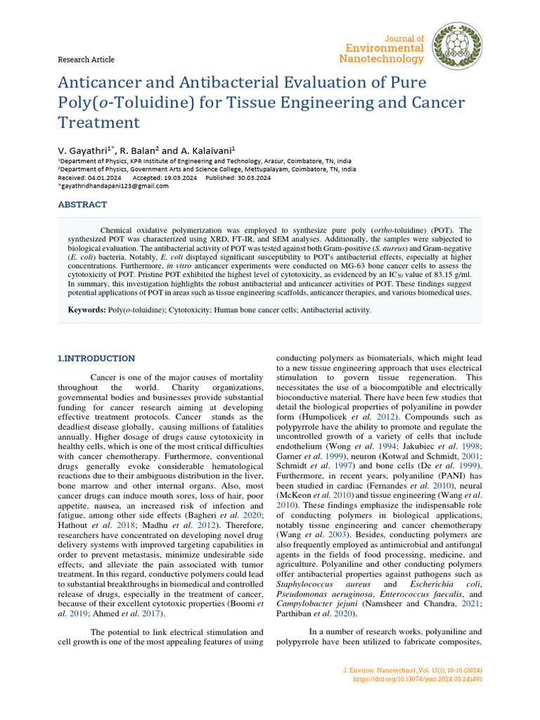Anticancer and Antibacterial Evaluation of Pure Po | PDF | Tissue ...