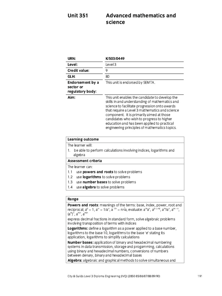 2850 L3 Diploma 351 Advanced Mathematics and Science | PDF