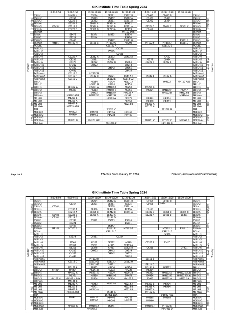 TimeTable Spring 2024 Effective From January 22 2024 | PDF