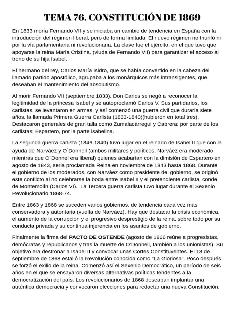 Tema 76. Constitución de 1869 | PDF | España | Política de españa