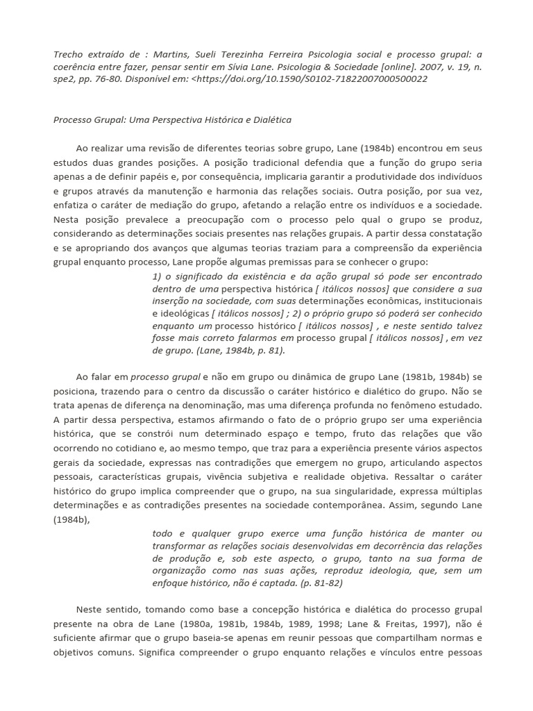 Aula 8 - Texto - Processo Grupal | PDF | Psicologia | Conceitos psicológicos