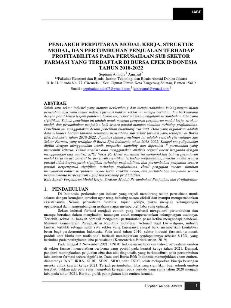(Amrizal 2023) PENGARUH PERPUTARAN MODAL KERJA, STRUKTUR MODAL, DAN PERTUMBUHAN PENJUALAN ...