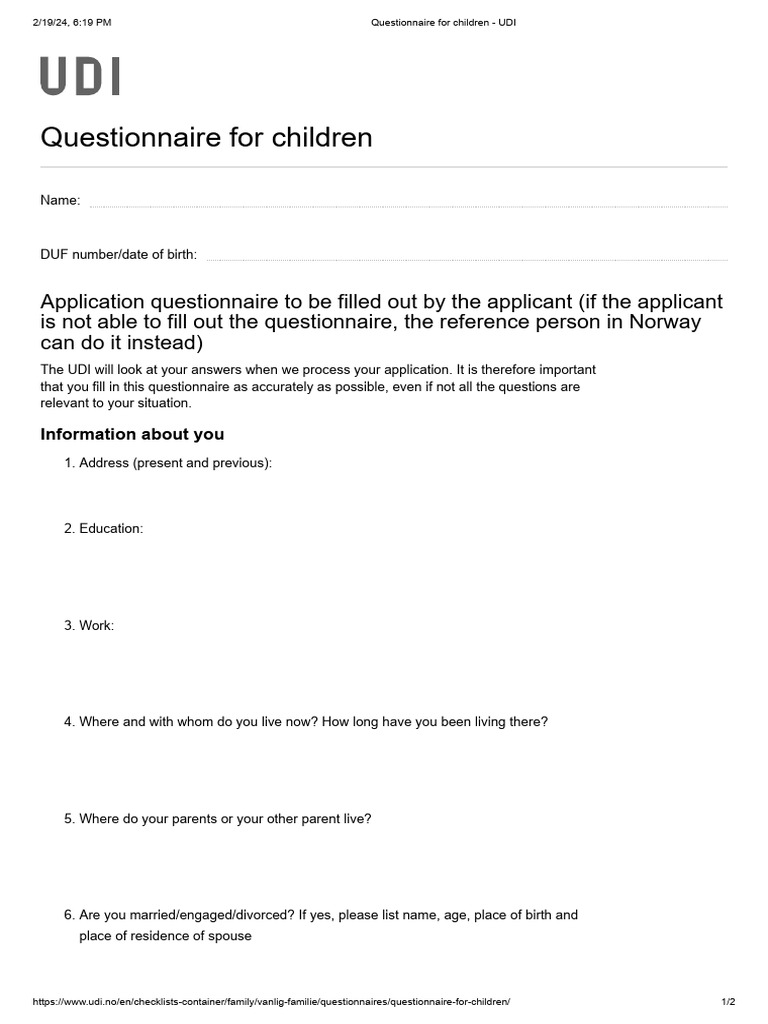 UDI Children's Questionnaire for Immigration | PDF