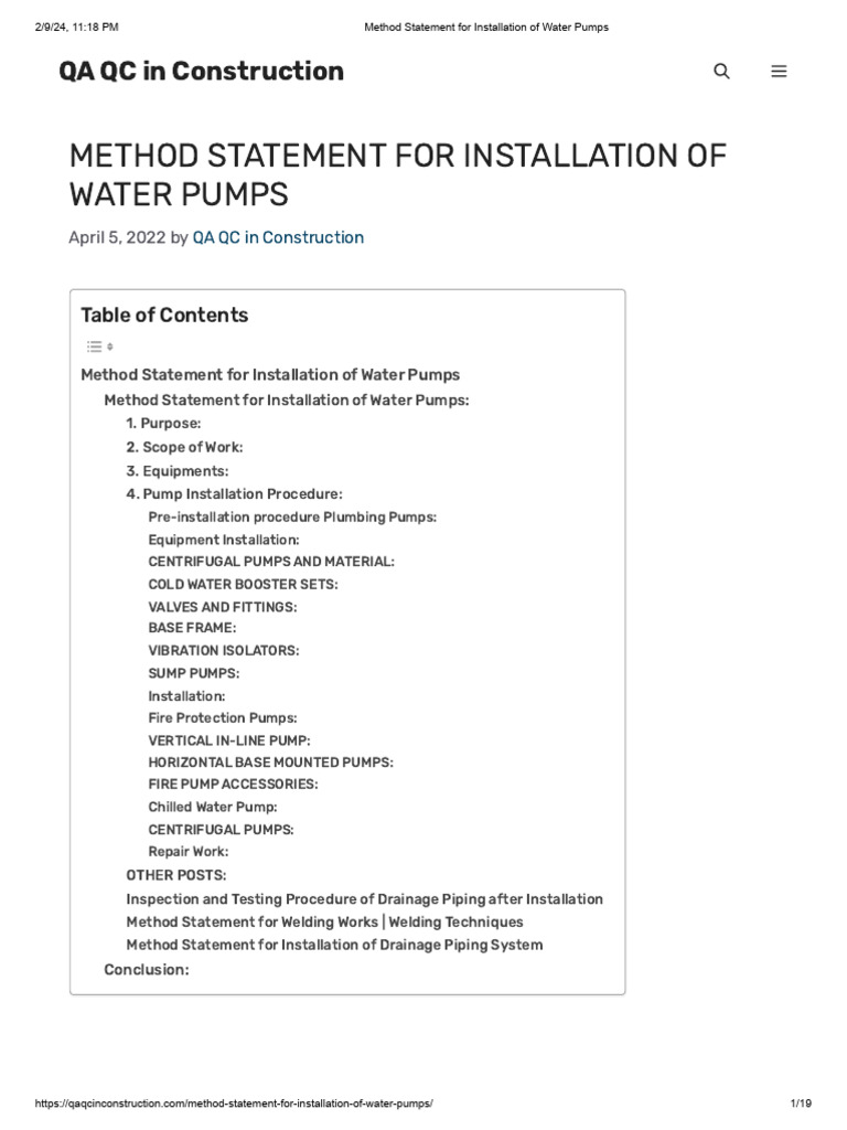 Method Statement For Installation of Water Pumps | PDF | Pump | Valve