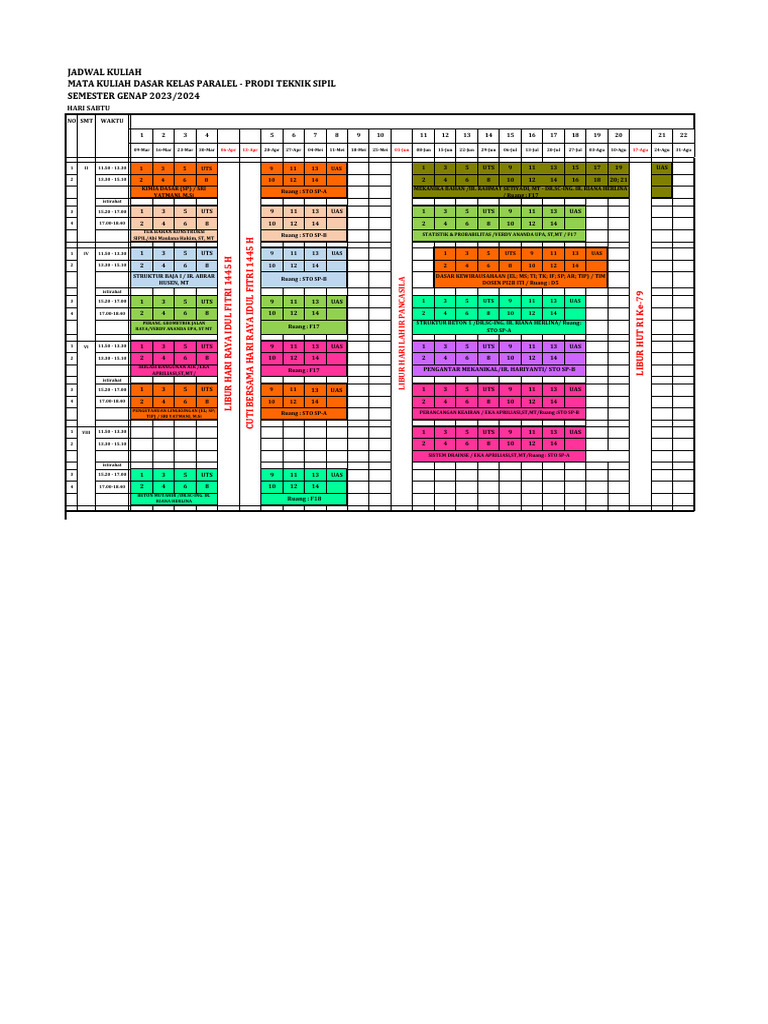 Jadwal Kuliah Genap 2023 - 2024 Prodi Teknik Sipil PKP | PDF