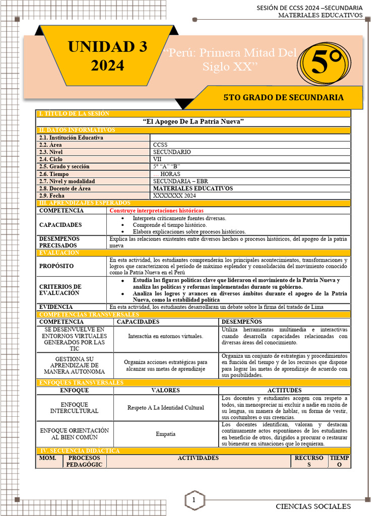 5º Sesiones Sem 2 Uni 3 - CCSS | PDF | Maestros | Enseñando