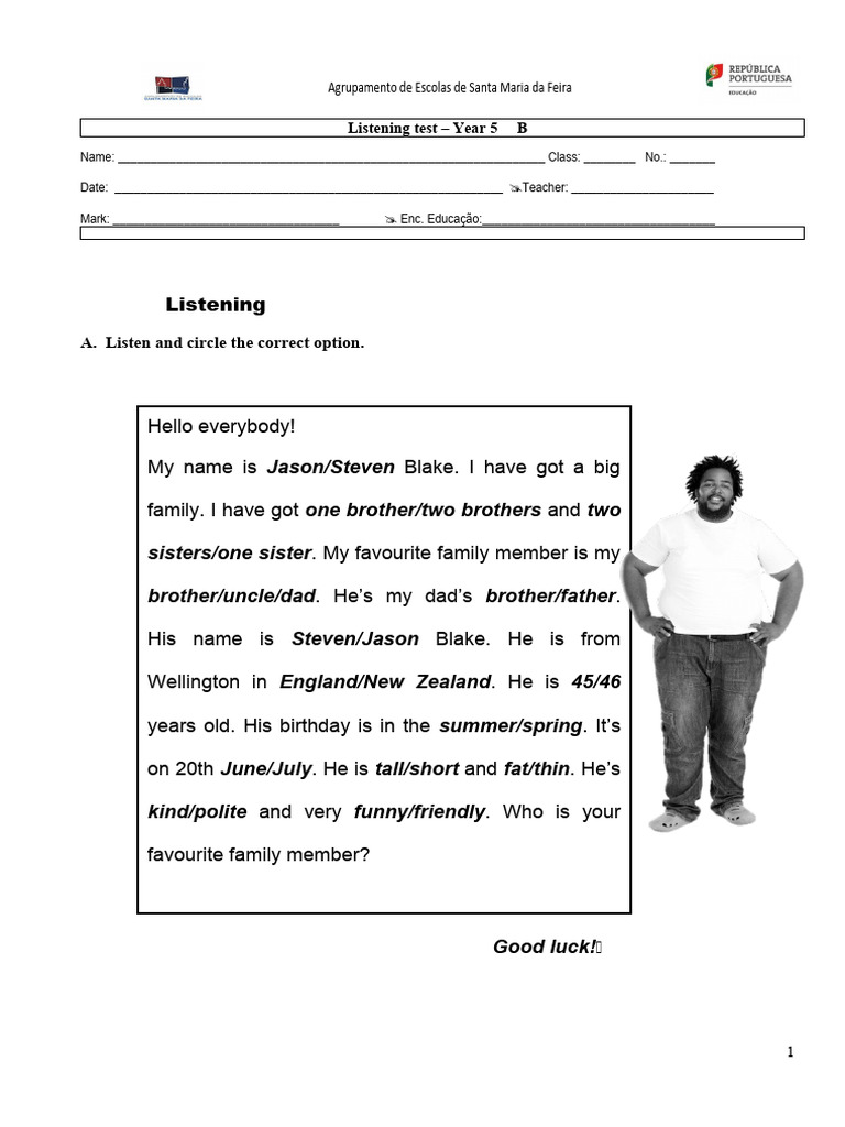 Year 5 Listening Test - Family Theme | PDF